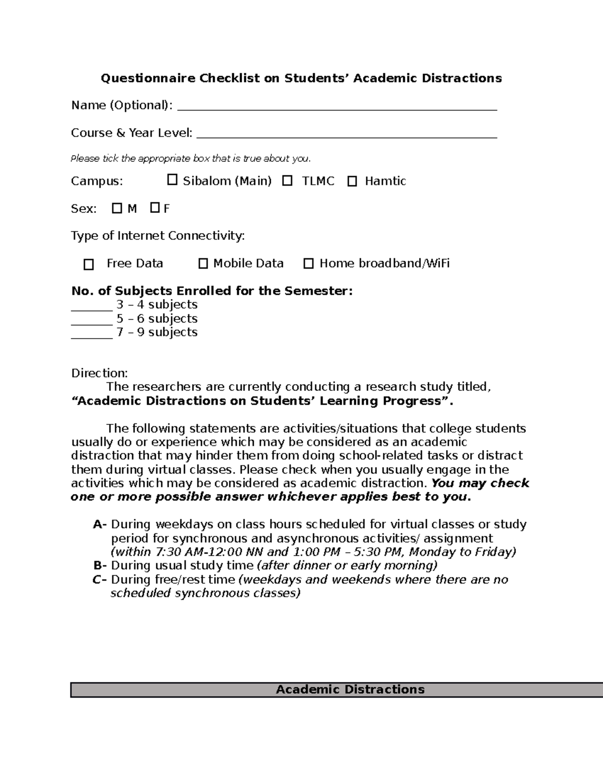 Research Instrument RCT2201 - Questionnaire on Academic Distractions ...