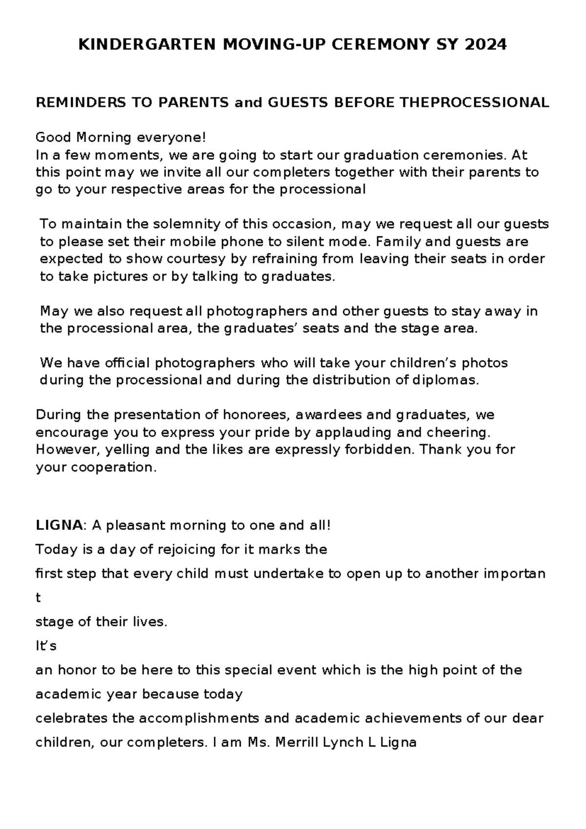 Kindergarten Moving-Up Ceremony Script SY 2023-2024 - Studocu