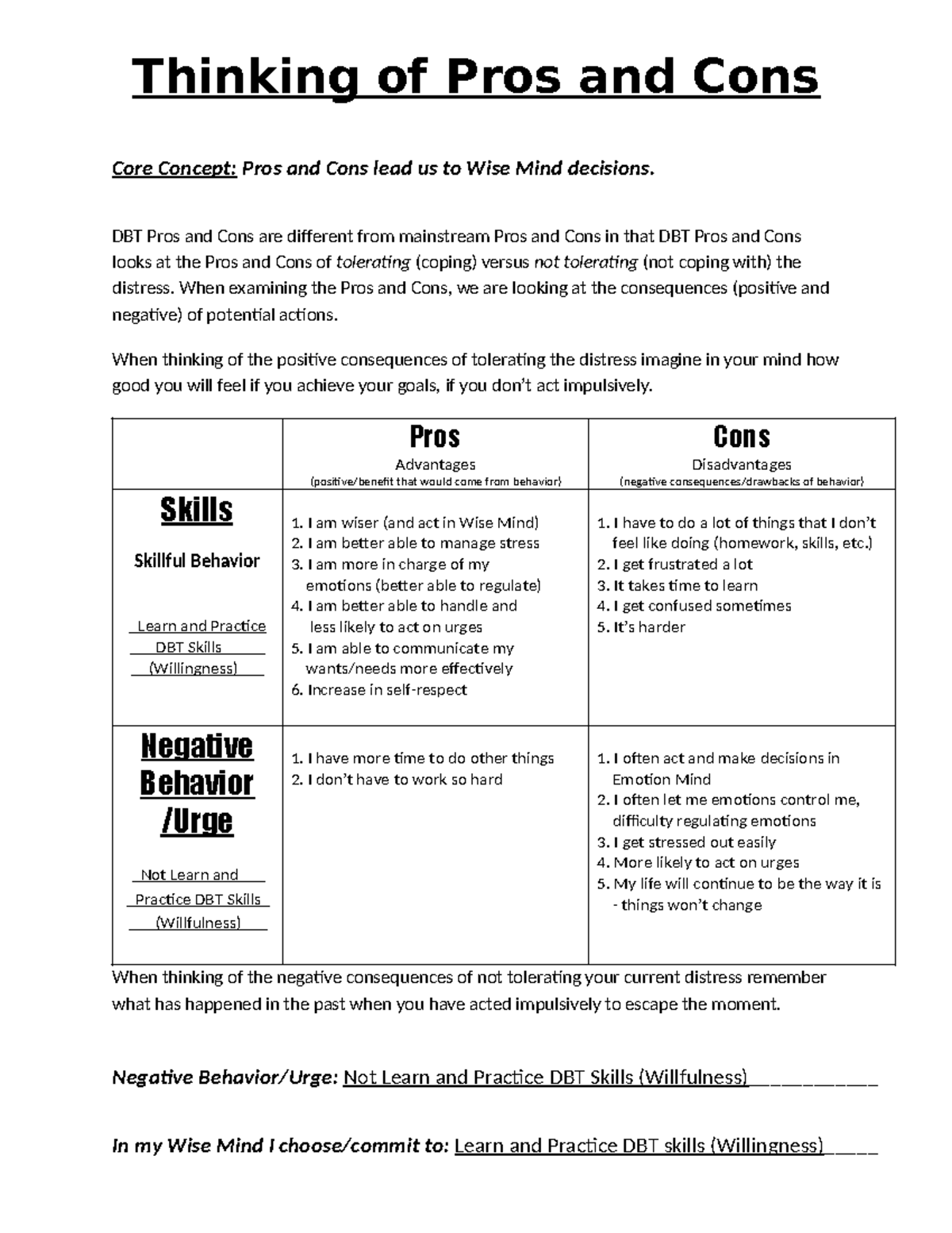 DBT Pros and Cons: Understanding Wise Mind Decisions - Studocu