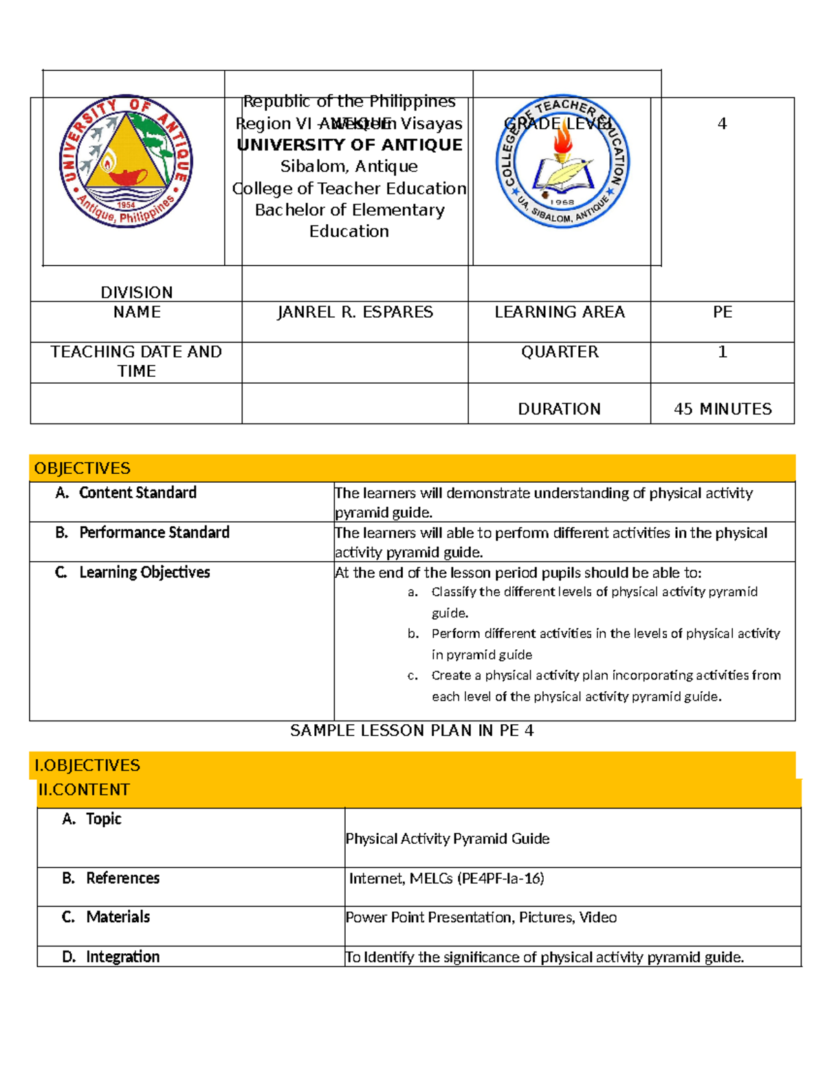 Lesson Plan in PE - DIVISION ANTIQUE GRADE LEVEL 4 NAME JANREL R ...