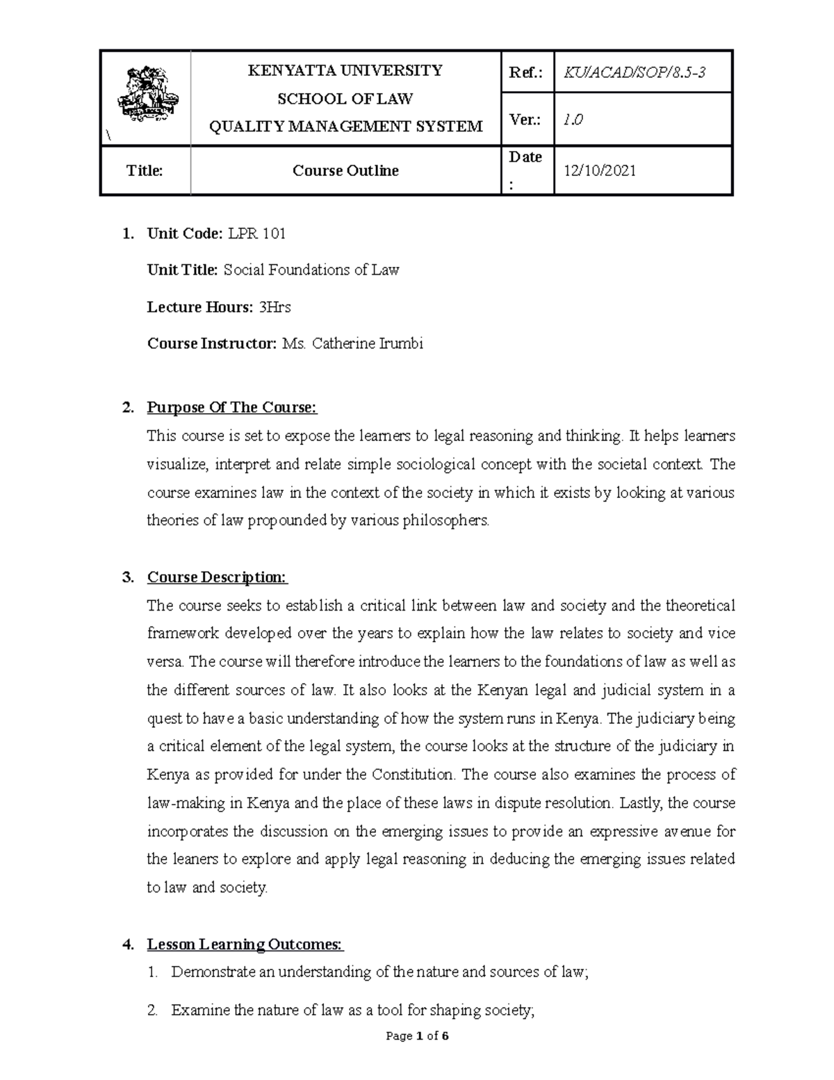 LPR 101 Social Foundations of Law - Comprehensive Course Outline - Studocu
