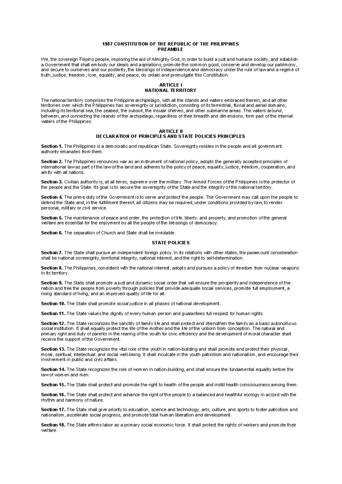 1987 PH Constitution: Preamble & Bill of Rights Overview - Studocu