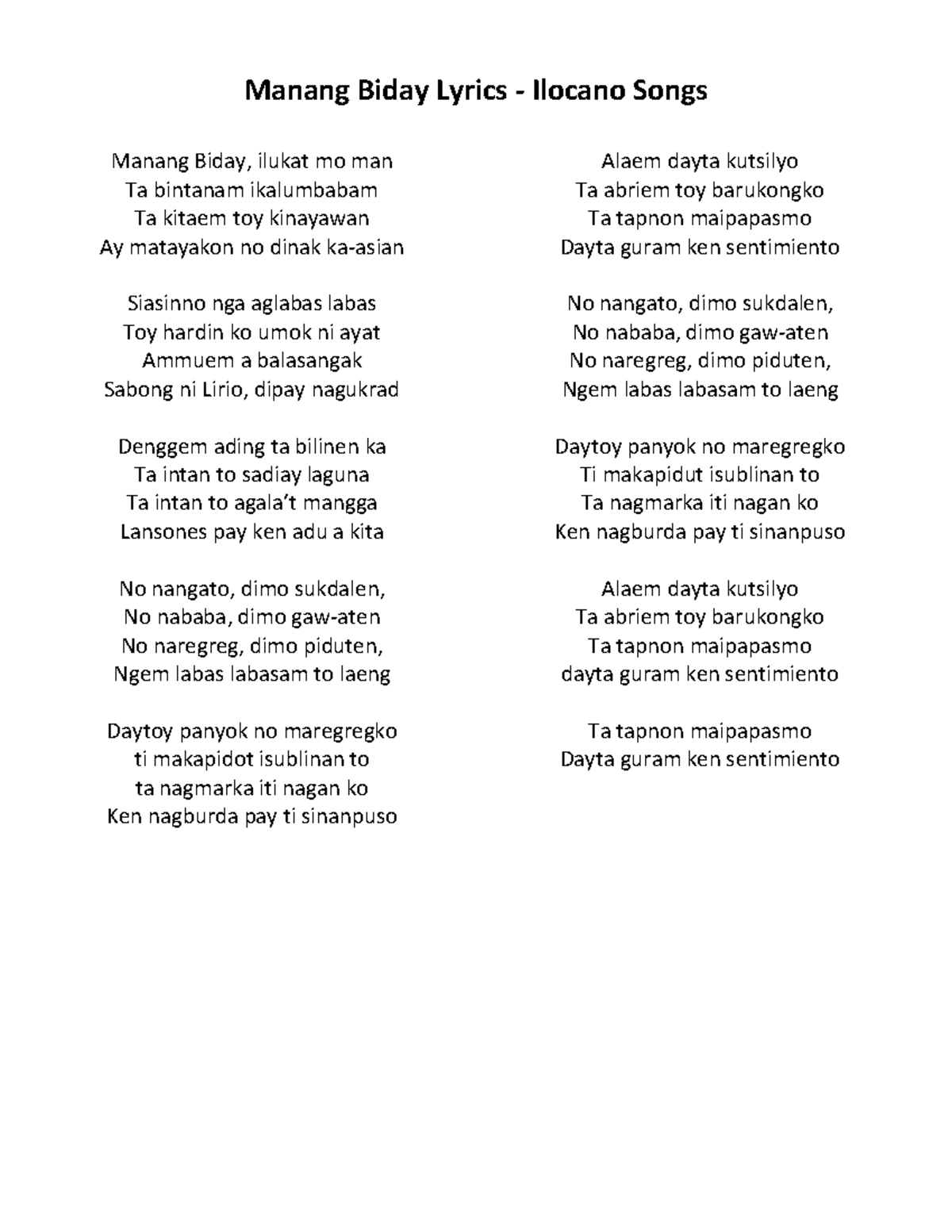 Manang Biday Lyrics: Ilocano Song Analysis and Interpretation - Studocu