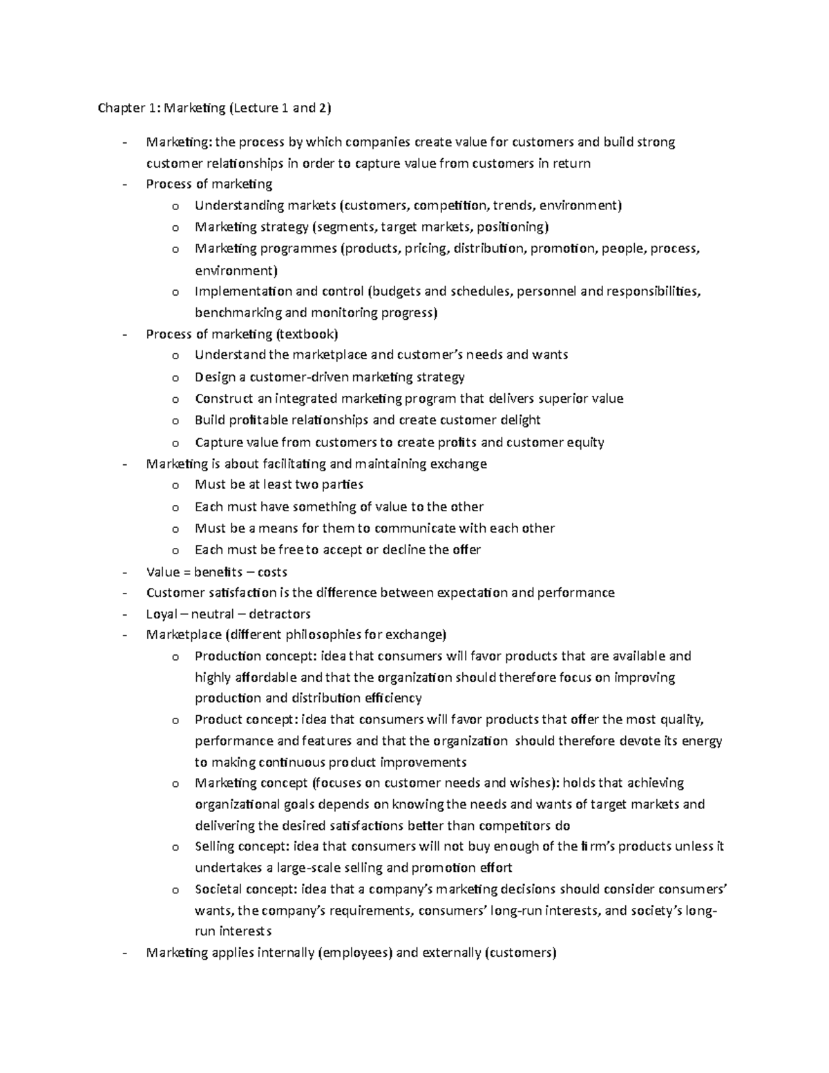 Lecture notes - Introduction to Marketing - complete - Chapter 1 ...