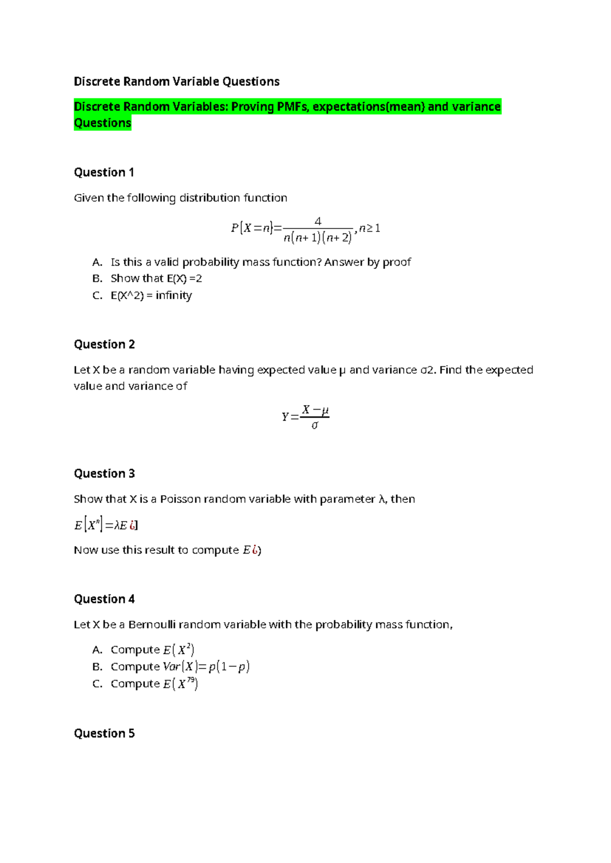 Discrete Random Variable Questions - Discrete Random Variable Questions ...
