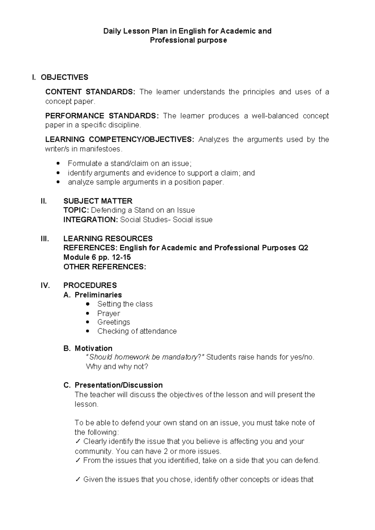W2 DAY 1 EAPP - Lesson Plan on Position Paper Arguments - Studocu