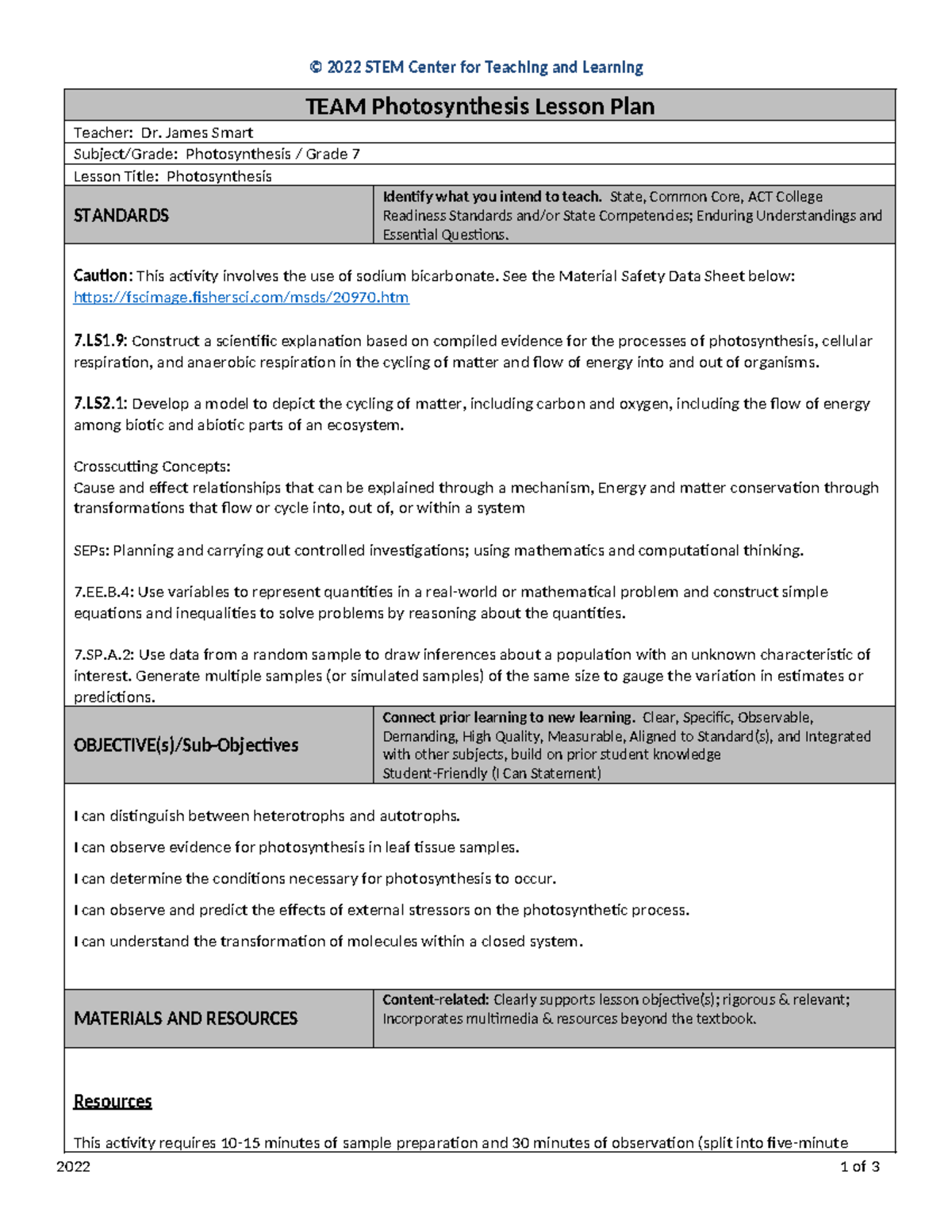2022 STEM Center Grade 7 Photosynthesis Lesson Plan by Dr. Smart - Studocu
