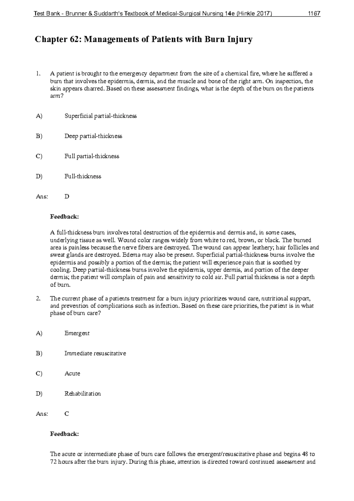 Ch 62 - Test bank - Chapter 62: Managements of Patients with Burn ...