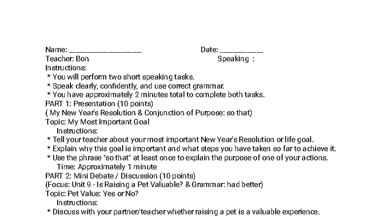 Nov7test 1 - Speaking & Writing Practice Worksheet - Studocu