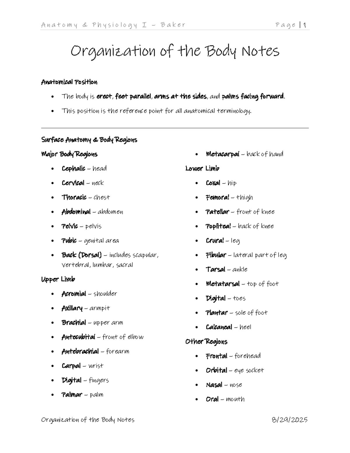 Anatomy Physiology I Baker Organization of the Body Study Notes - Studocu