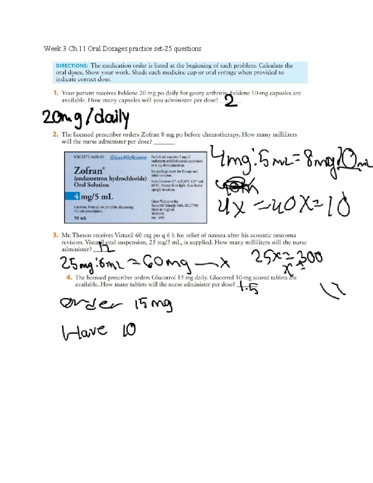 Week 3 Ch. 11 Oral Dosage Calculation Practice Questions - Studocu