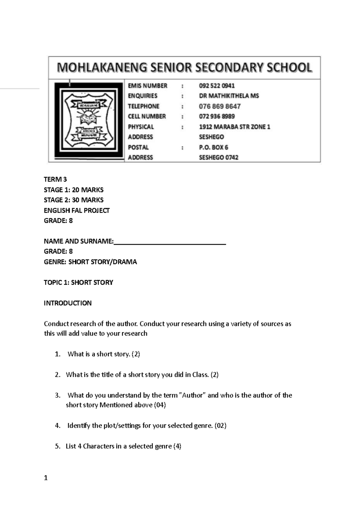 Grade 8 English FAL Project: Short Story & Poetry Research - Studocu