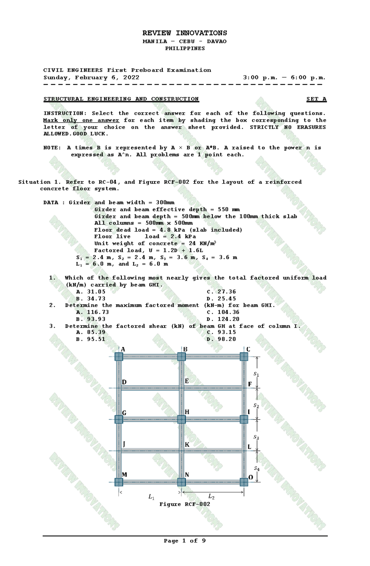 CIVIL 101: Preboard 1 Exam Set A - Structural Engineering 2022 - Studocu