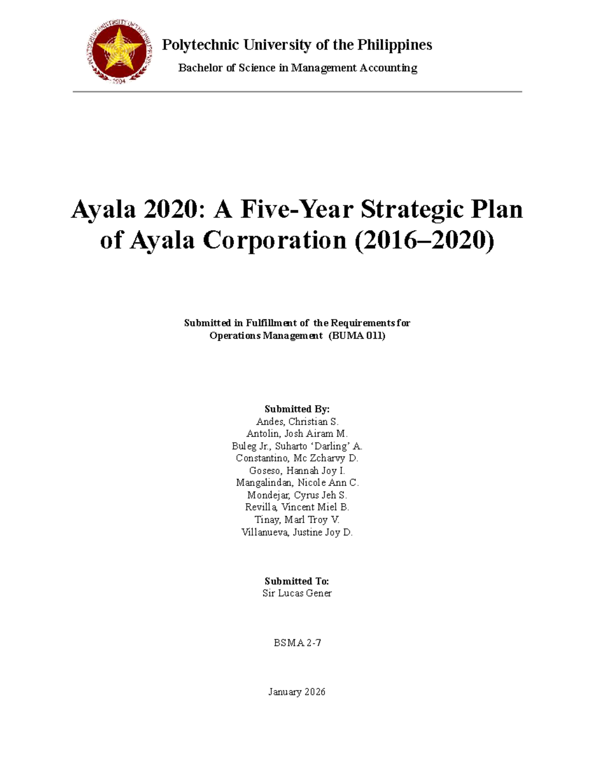 Strategic Plan for Ayala Corporation: Operations Management (BUMA 011 ...