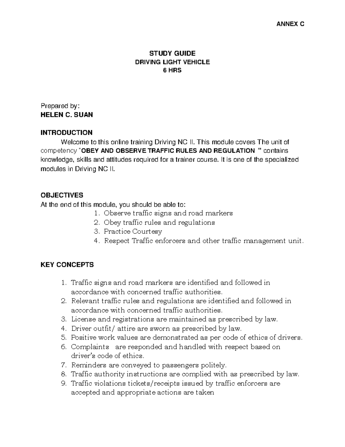 Core 3: Study Guide on Obeying Traffic Rules and Regulations in Driving ...