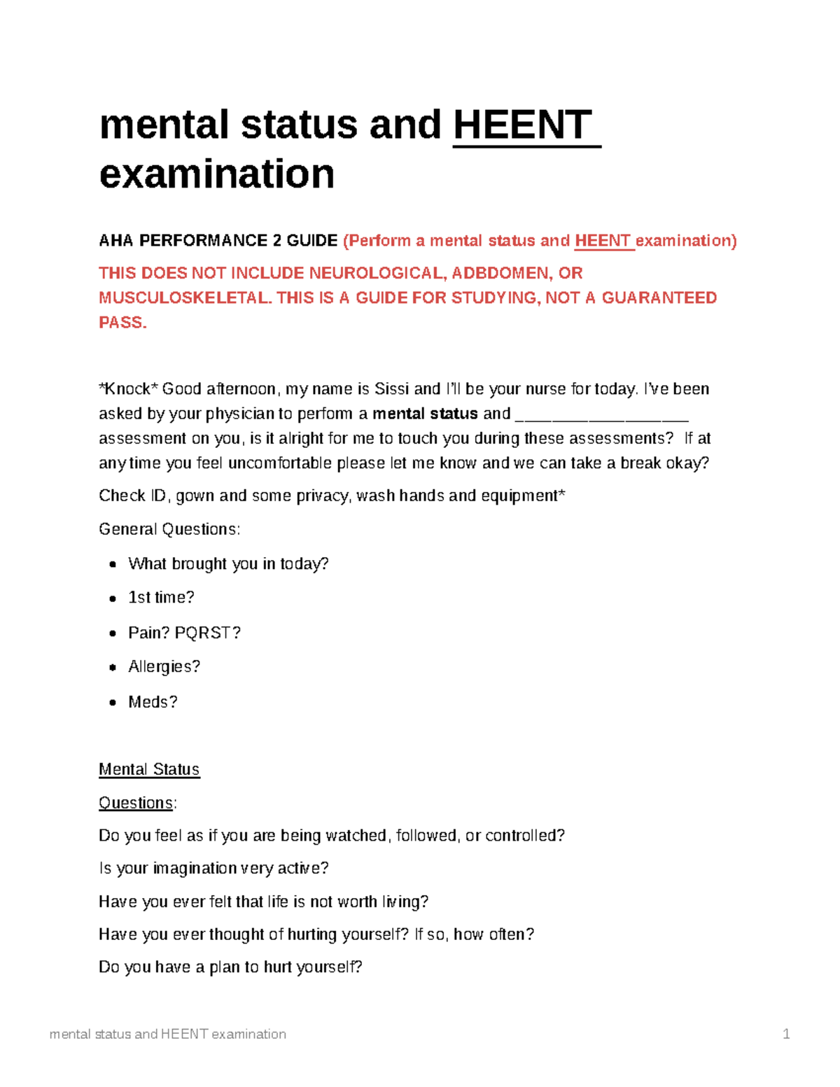Mental status and Heent examination - mental status and HEENT ...