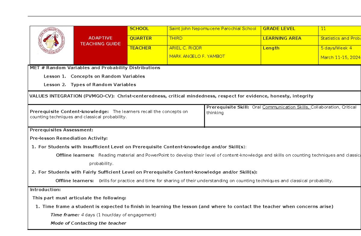 Week 6 Teaching Guide: Stats & Prob Concepts M11/12SP-IIIa - Studocu