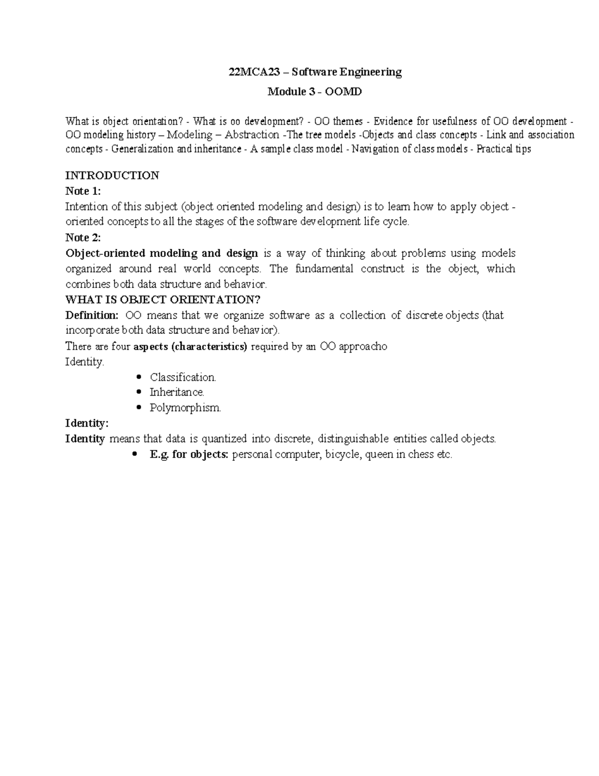 22MCA23 Software Engineering Module 3: Object-Oriented Modeling ...