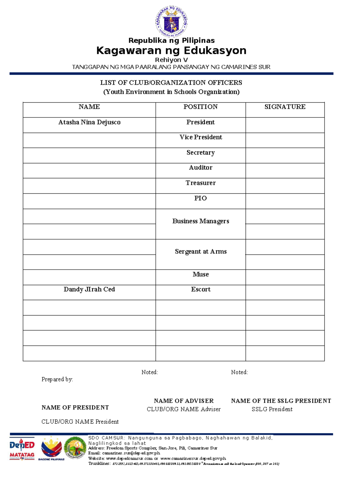 LIST OF CLUB OFFICERS - Youth Envmt in Schools Org Template - Studocu