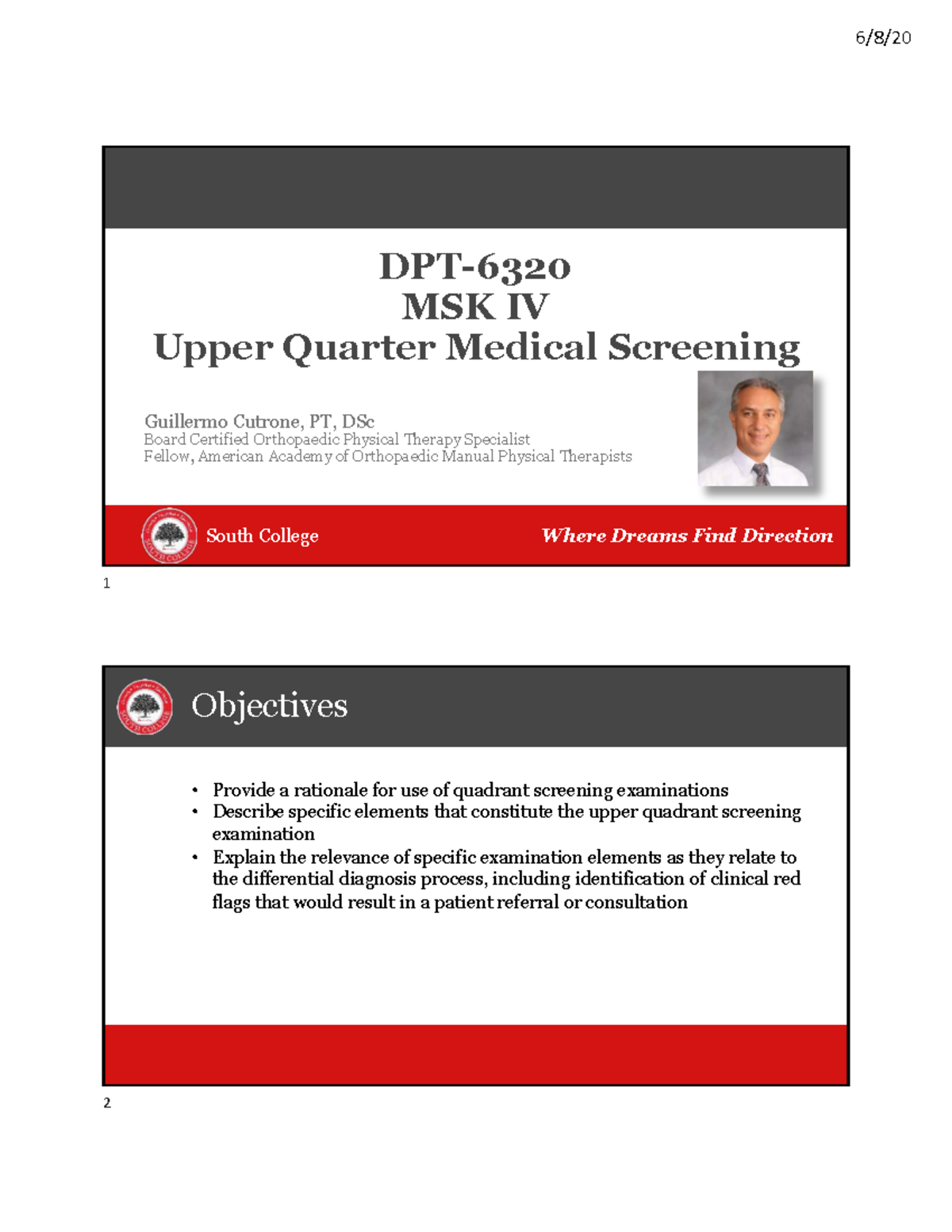 Upper Quarter Medical Screening - DPT-6320 MSK IV Exam Notes - Studocu