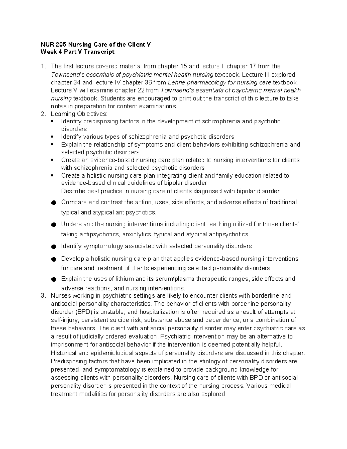 NUR 205 Week 4 Lecture Transcript: Psychiatric Nursing Insights - Studocu