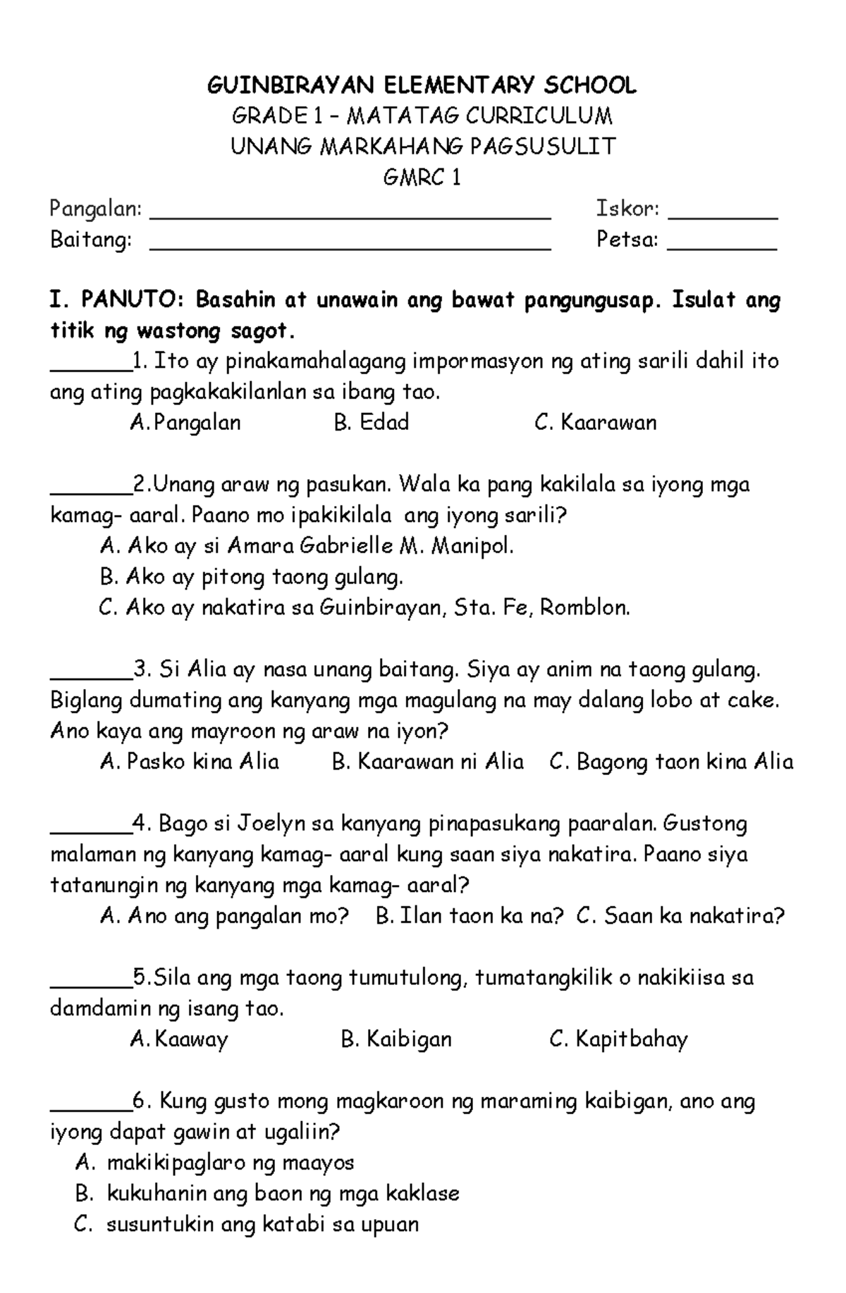GMRC 1 - Unang Markahang Pagsusulit sa Matatag Curriculum - Studocu
