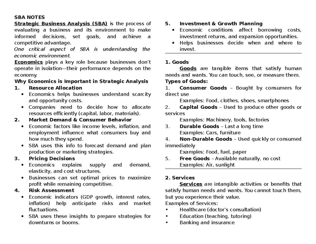 SBA Notes Prelim - Summary of Strategic Business Analysis - Studocu
