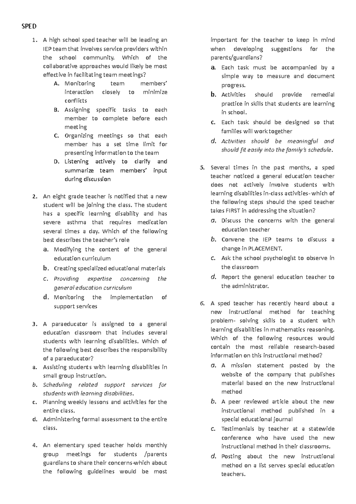 SPED Review Questions and Answers for Special Education 101 - Studocu