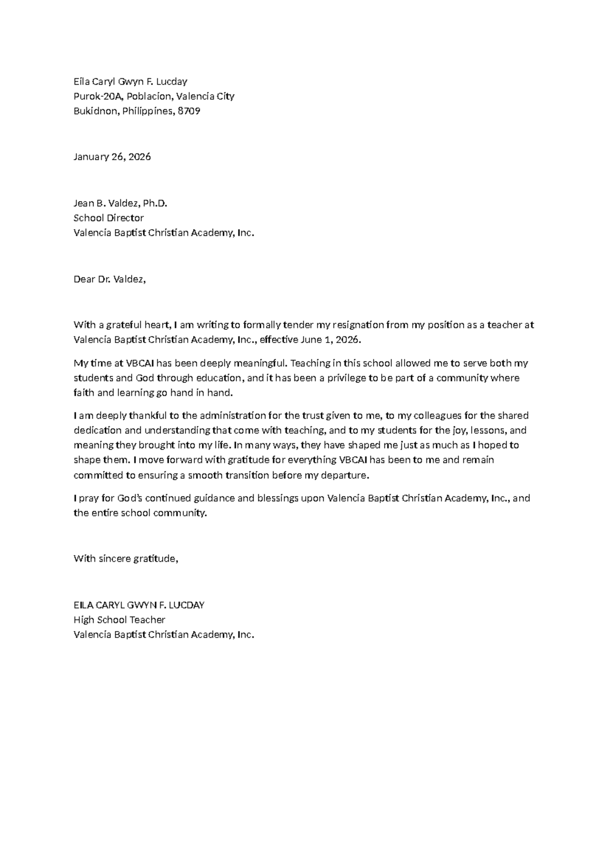 Resignation Letter from Eila Caryl Gwyn F. Lucday - VBCAI - Studocu