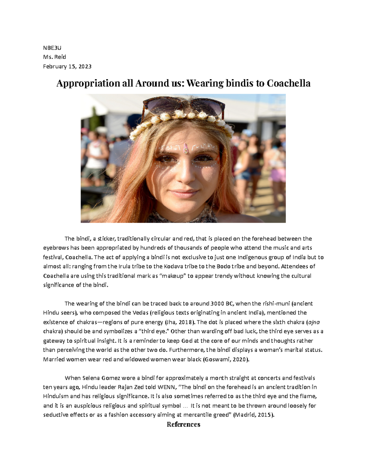 NBE3U Essay: The Cultural Significance of the Bindi at Coachella - Studocu