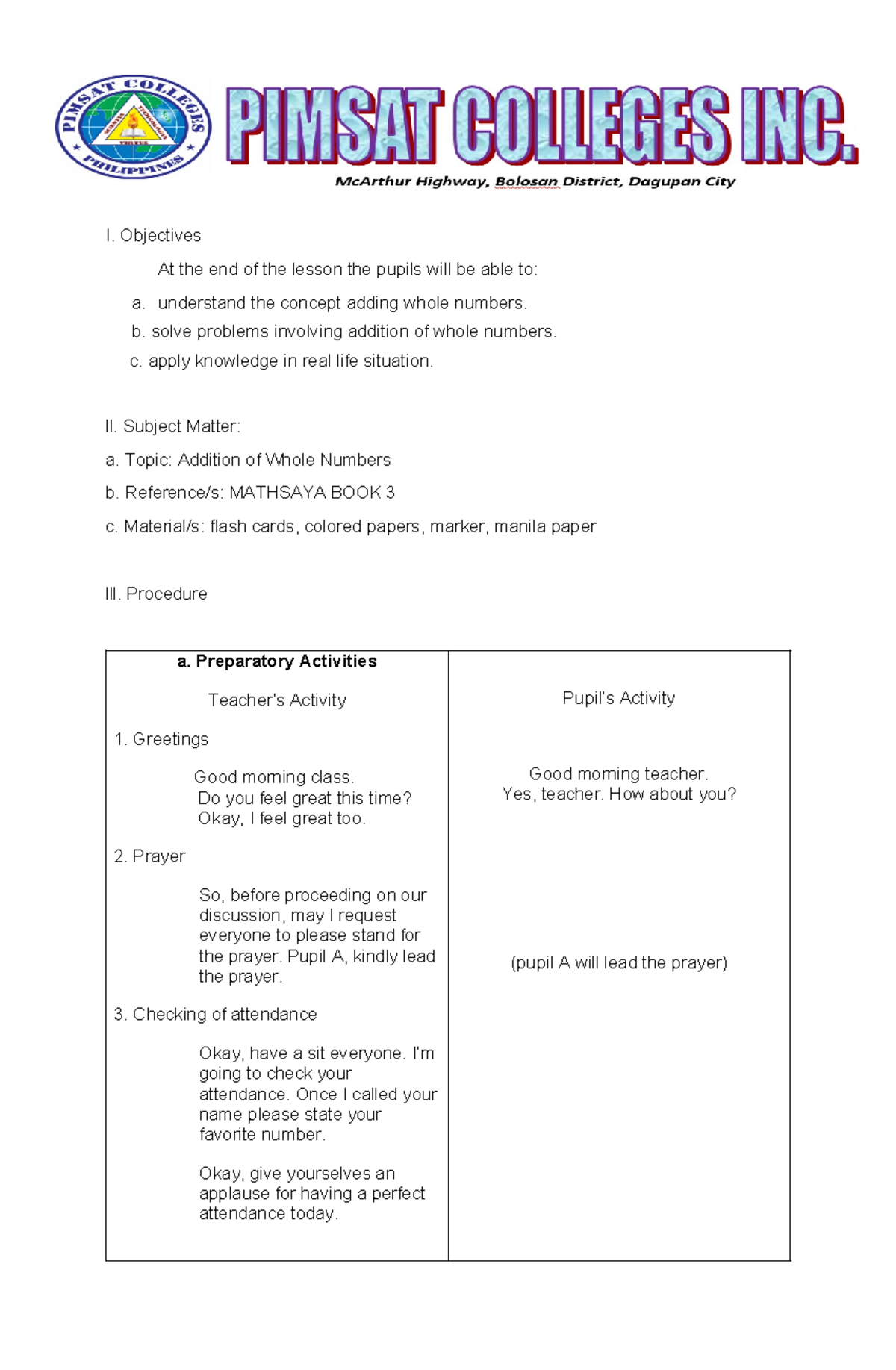 MATH 3: Lesson Plan on Addition of Whole Numbers and Activities - Studocu