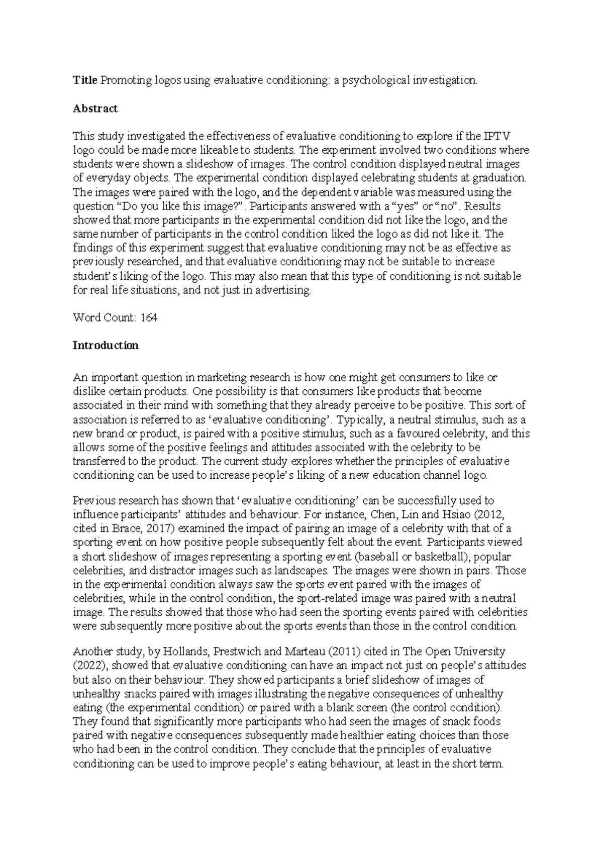 DE100 TMA04: Evaluative Conditioning and Logo Liking in Students - Studocu