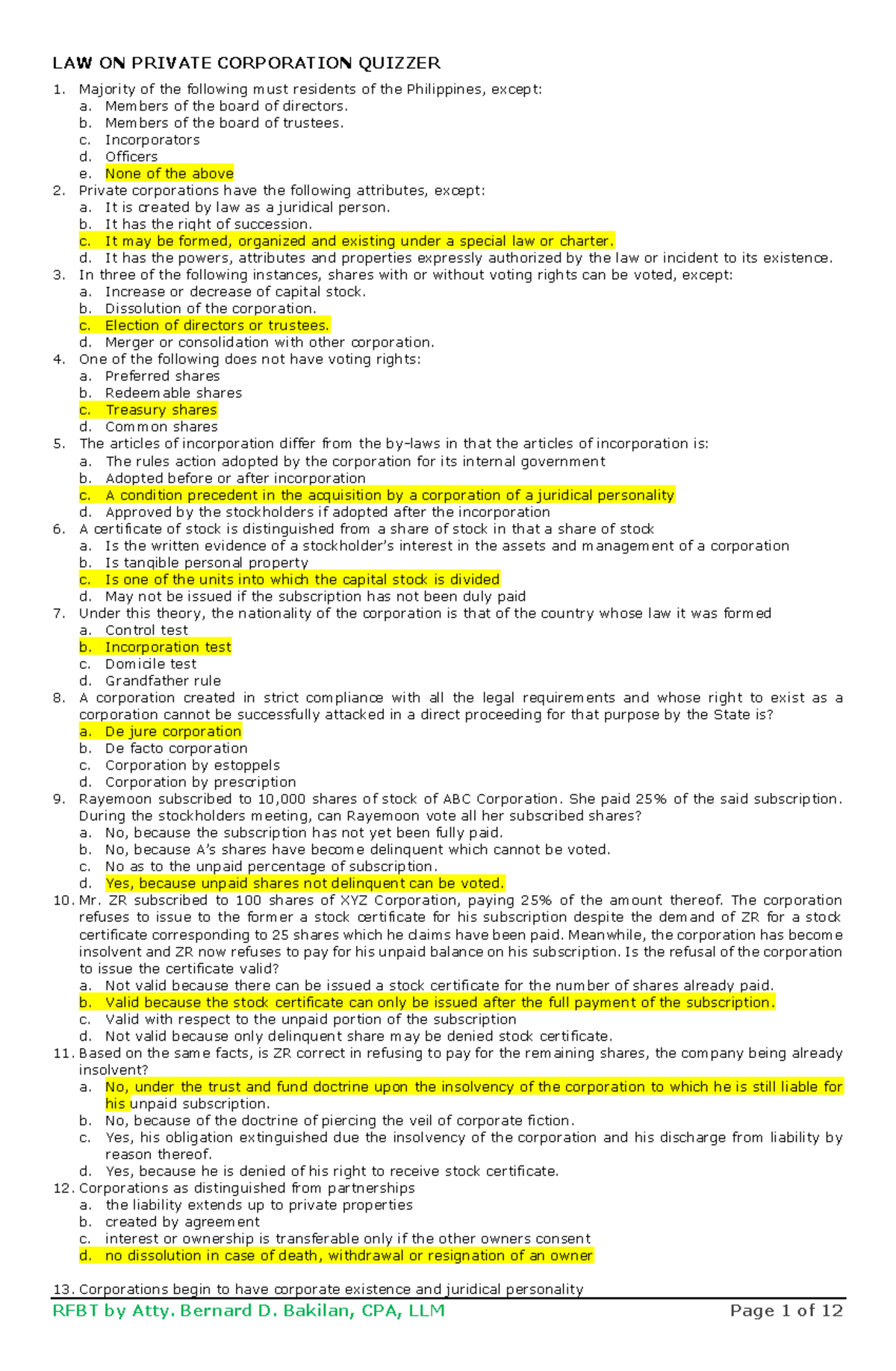 LAW 01: Quiz on Attributes and Rights of Private Corporations - Studocu