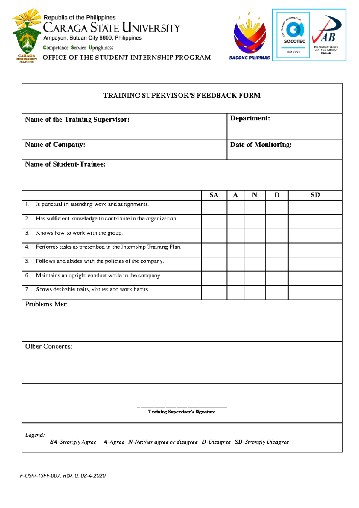 F-OSIP-TSFF-007 Training Supervisor Feedback Form - Rev. 0 - Studocu