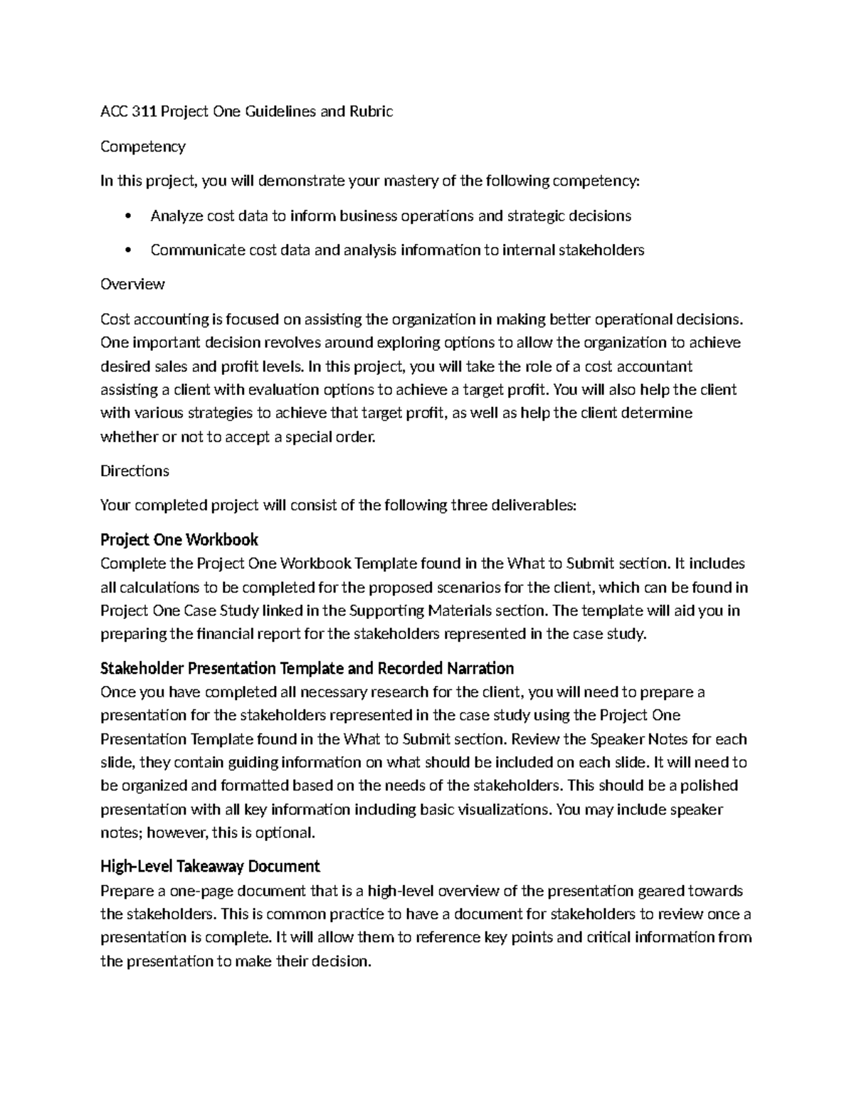 ACC 311 Project One: Cost Analysis & Stakeholder Presentation ...