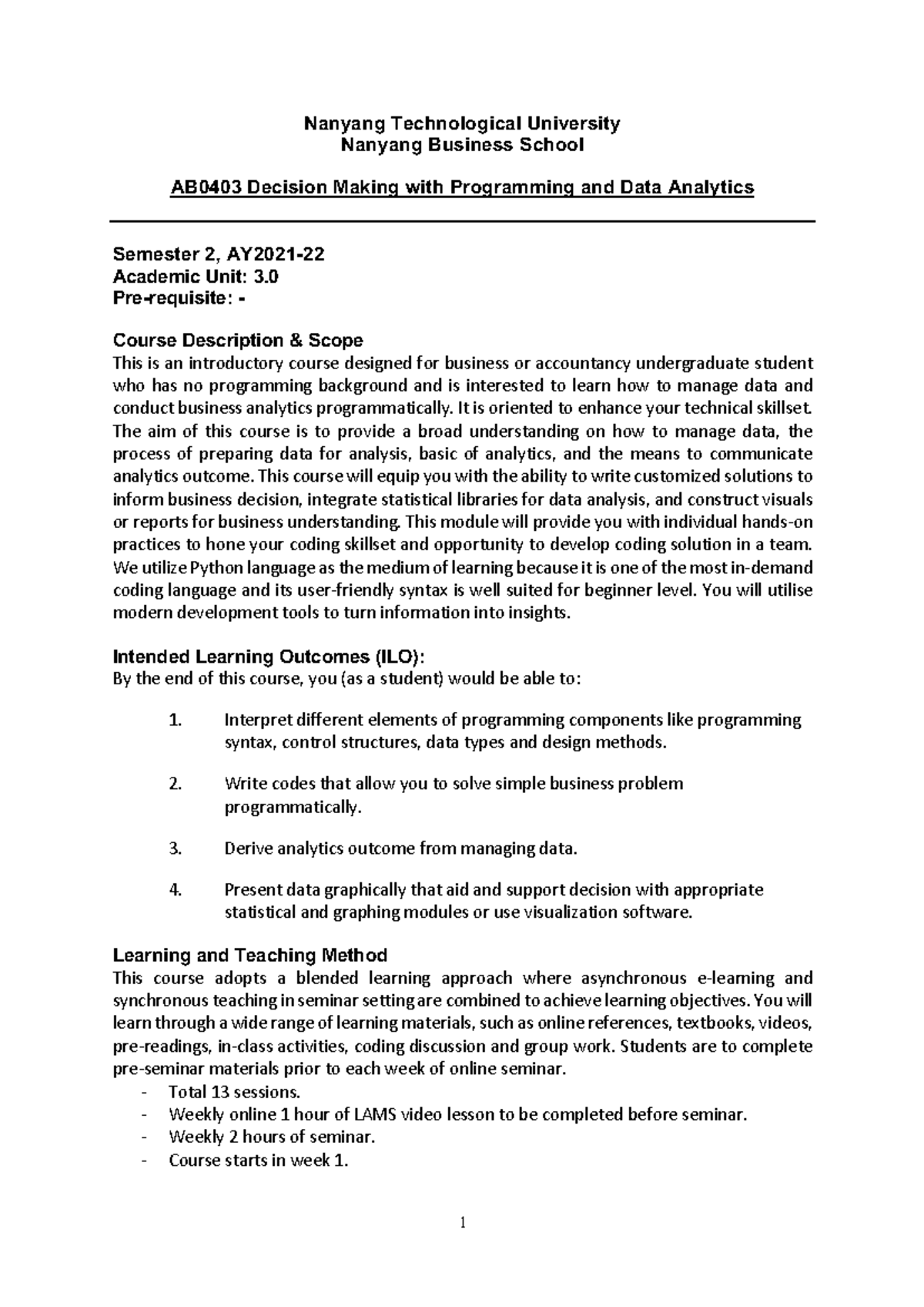 AB0403 Decision Making with Programming & Data Analytics Outline 2021 ...