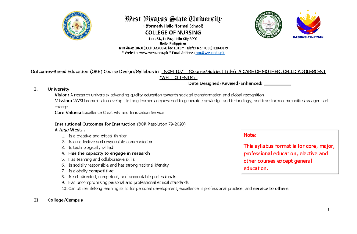 Final Syllabus for NCM 107: Care of Mother, Child, and Adolescent - Studocu