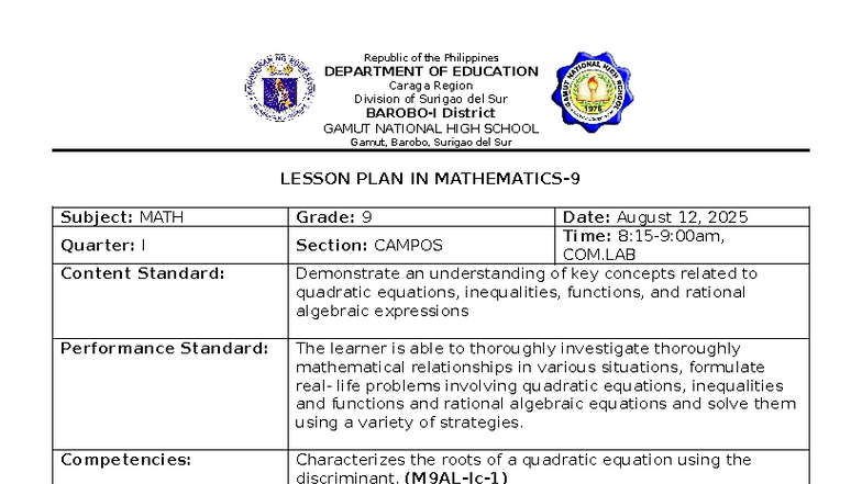 Lesson Plan in MATH-9: Understanding Quadratic Equations and Roots ...