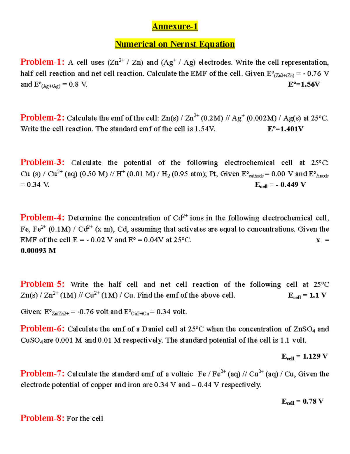 M 3 - Numerical Problems on Nernst Equation in Engg Chem - Studocu