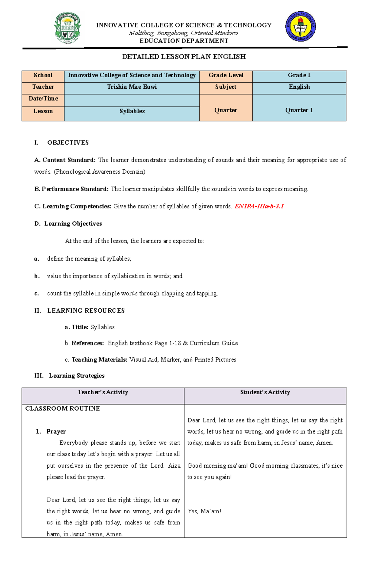 Grade 1 English Lesson Plan: Understanding Syllables (EDU 101) - Studocu