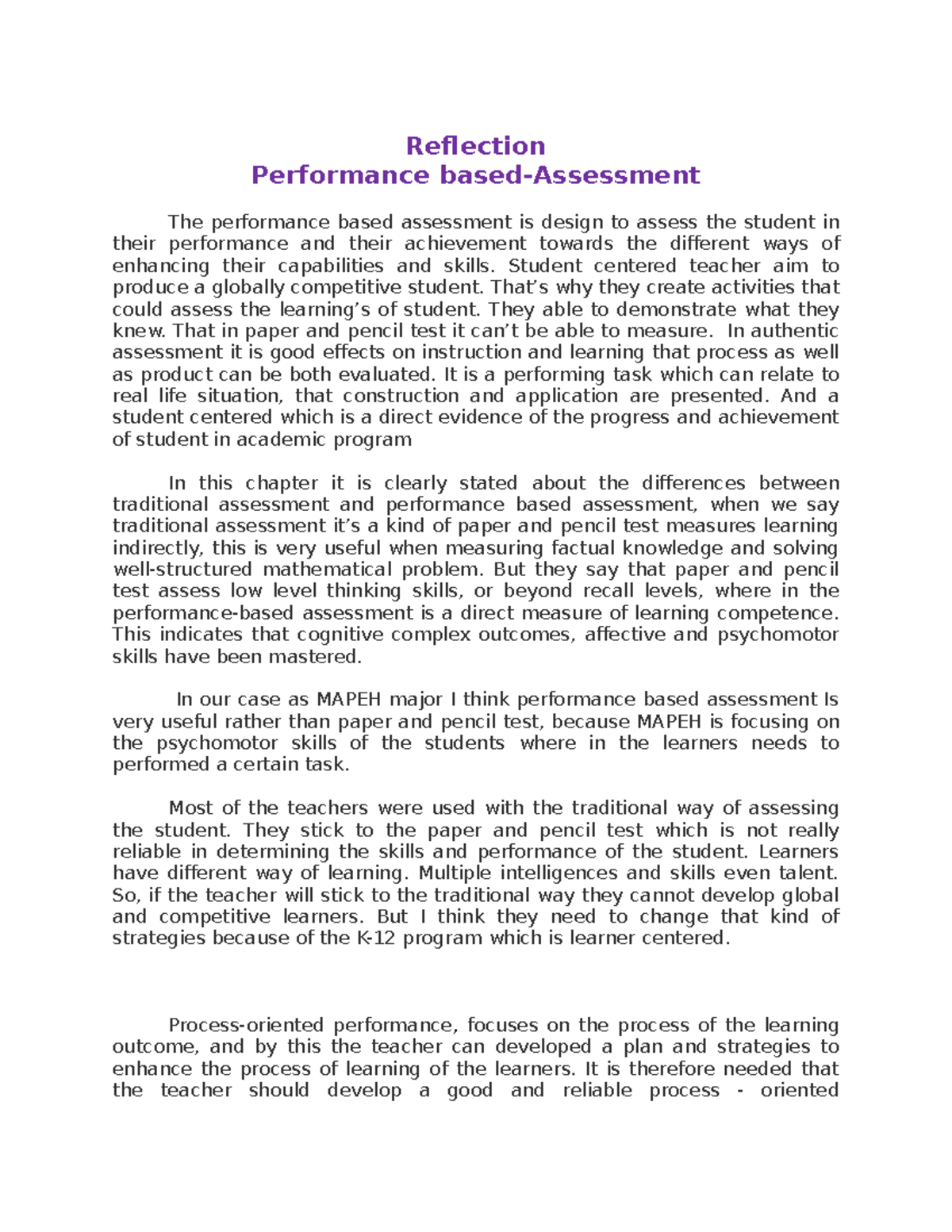 MAPEH 101: Reflection on Performance-Based Assessment Techniques - Studocu