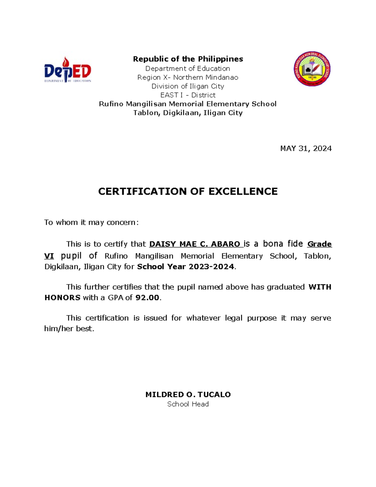 Certification of Excellence for Honors - Daisy Mae C. Abaro - Studocu