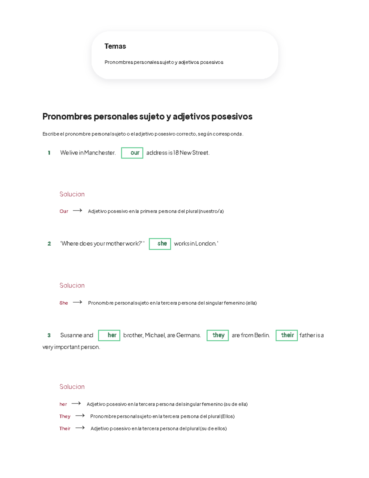 Hojas De Trabajo De Pronombres Personales Y Posesivos Pronombres