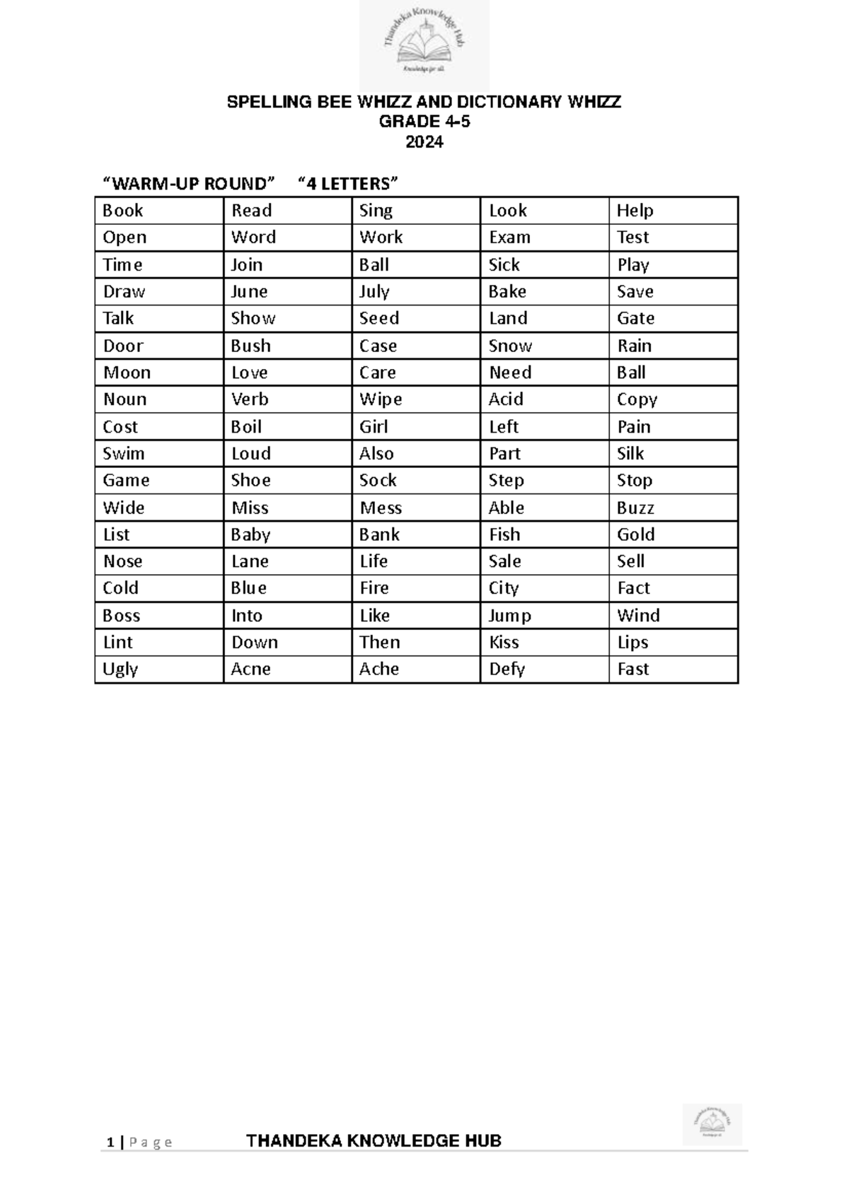 2024 Grade 4-5 Spelling Bee Warm-Up & Challenge Words Guide - Studocu