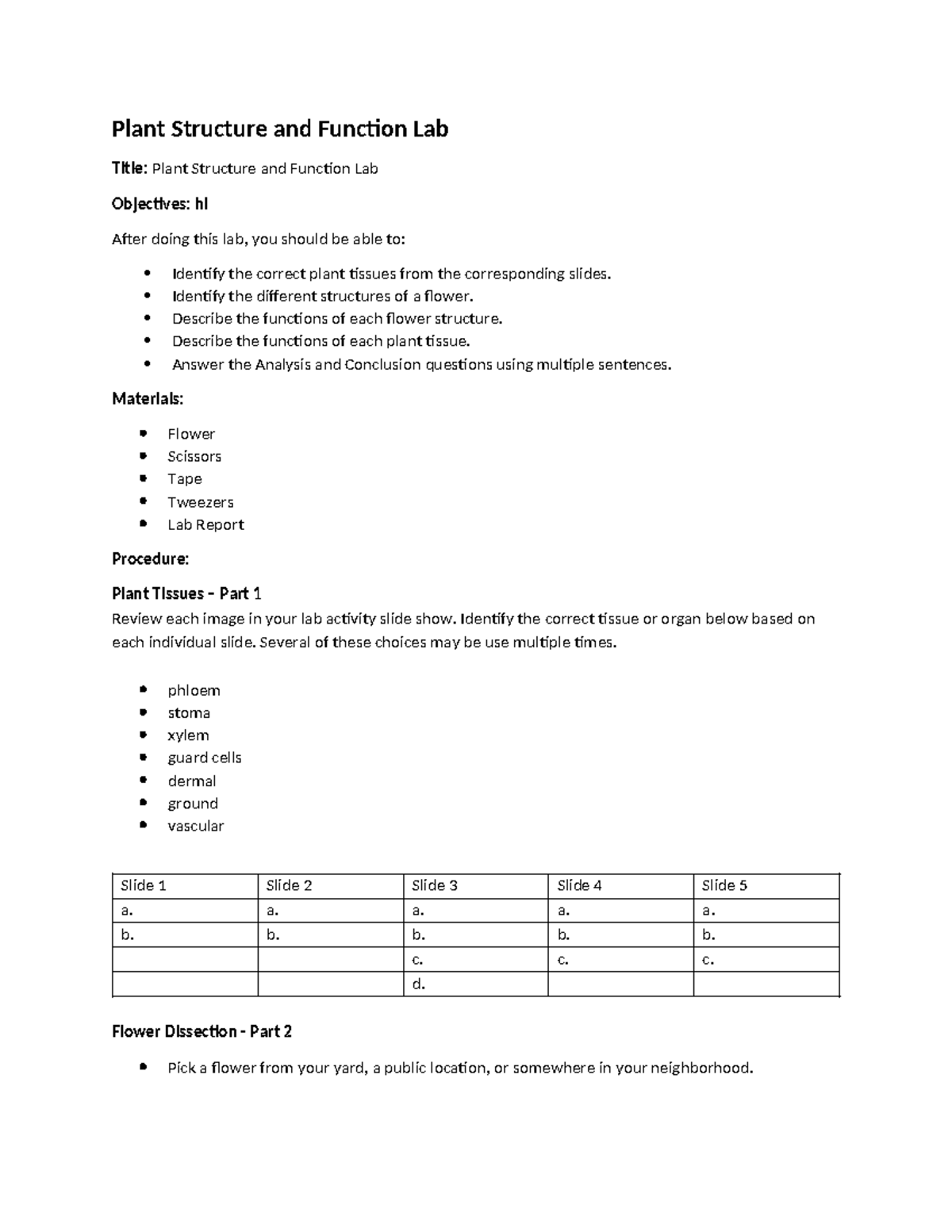 Virtual plants lab report - Plant Structure and Function Lab Title ...