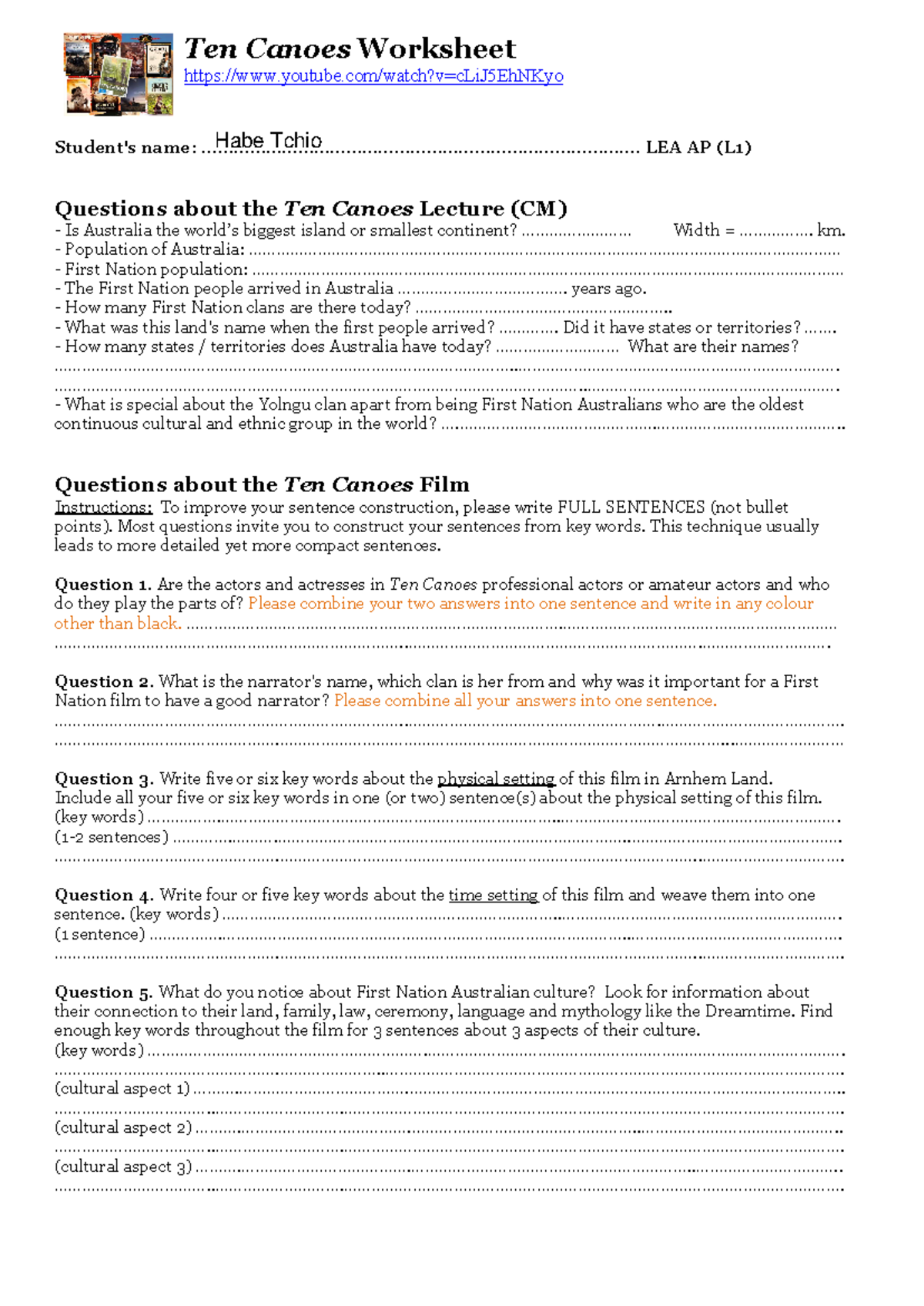 Ten Canoes Worksheet - Questions and Overview of Film & Culture - Studocu