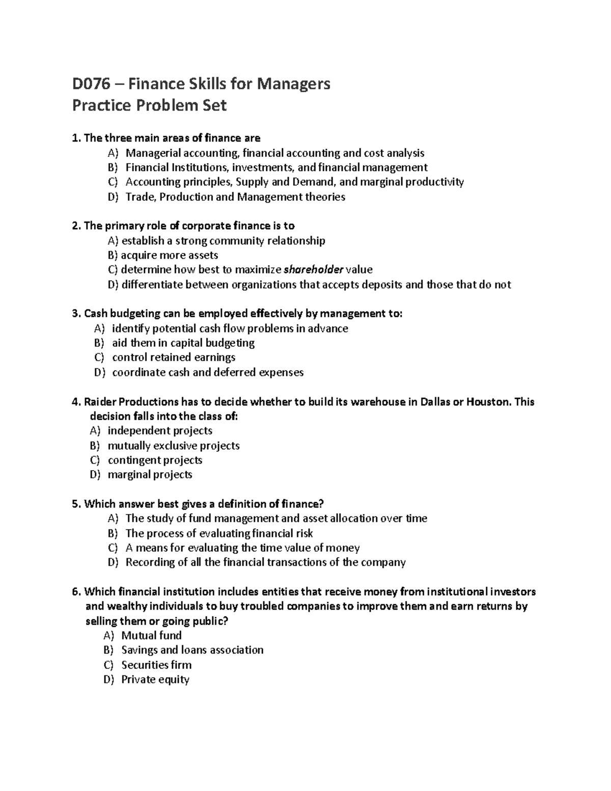 D076-Finance Practice Problem Set - D076 – Finance Skills for Managers ...