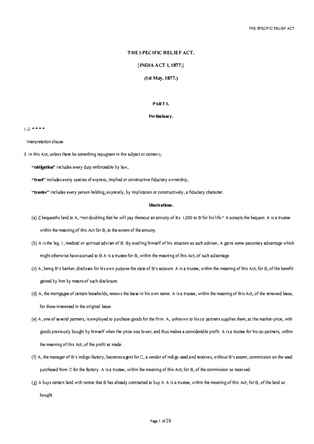 The specific relief act-2 - THE SPECIFIC RELIEF ACT. [INDIA ACT I, 1877 ...
