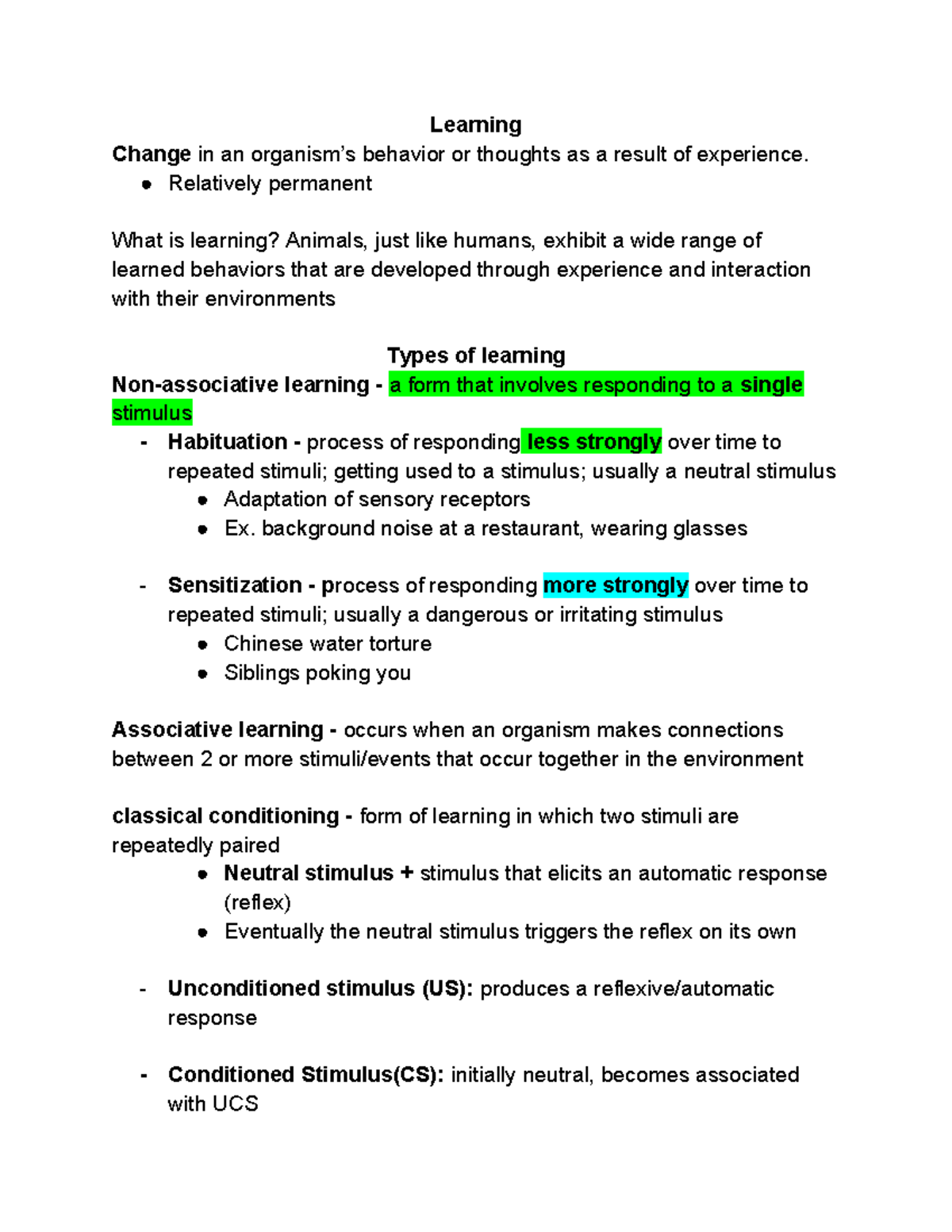 PSY101 Midterm Notes: Key Concepts in Learning and Conditioning - Studocu