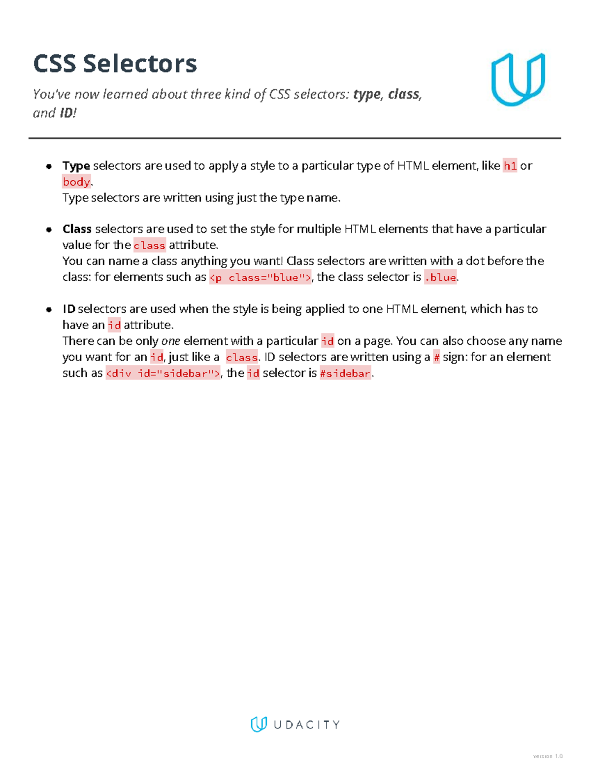 Reference sheet css selectors - CSS Selectors You've now learned about three kind of CSS ...